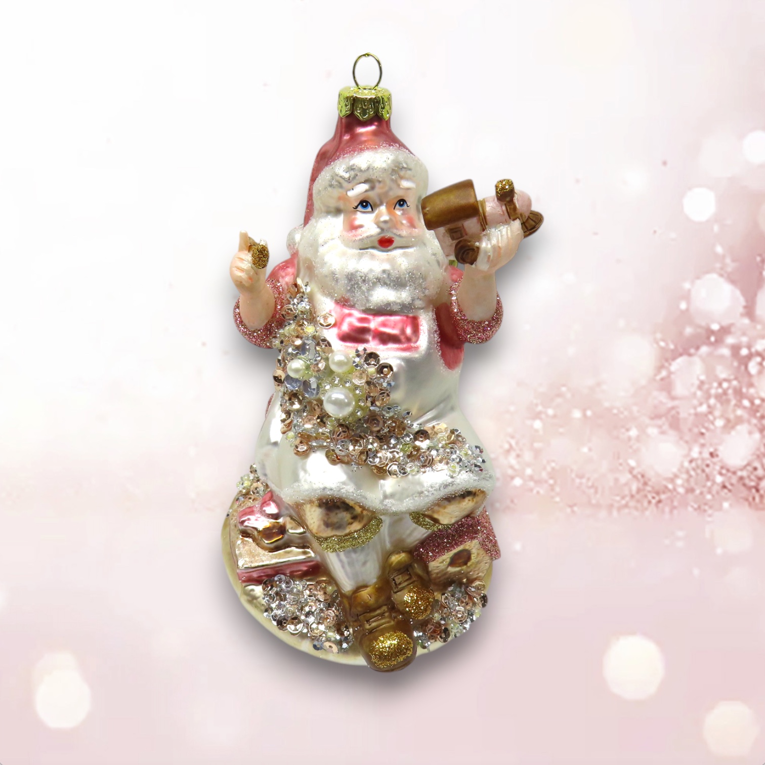 DecemberDiamonds: Pink / Gold Santa w/Toys Orn Min/6